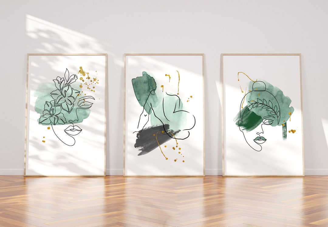Green and Gold Female Line Art Set of 3 Prints, Emerald Green Wall Art ...