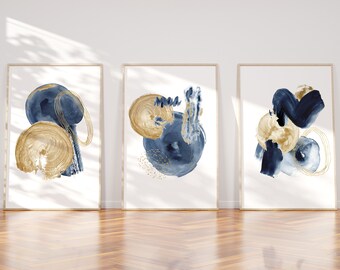 Navy Blue Abstract Wall Art Set of 3 Navy and Gold - Etsy