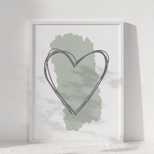 Sage Green and Grey Love Heart Print, Green Minimal Art Print, Love ...