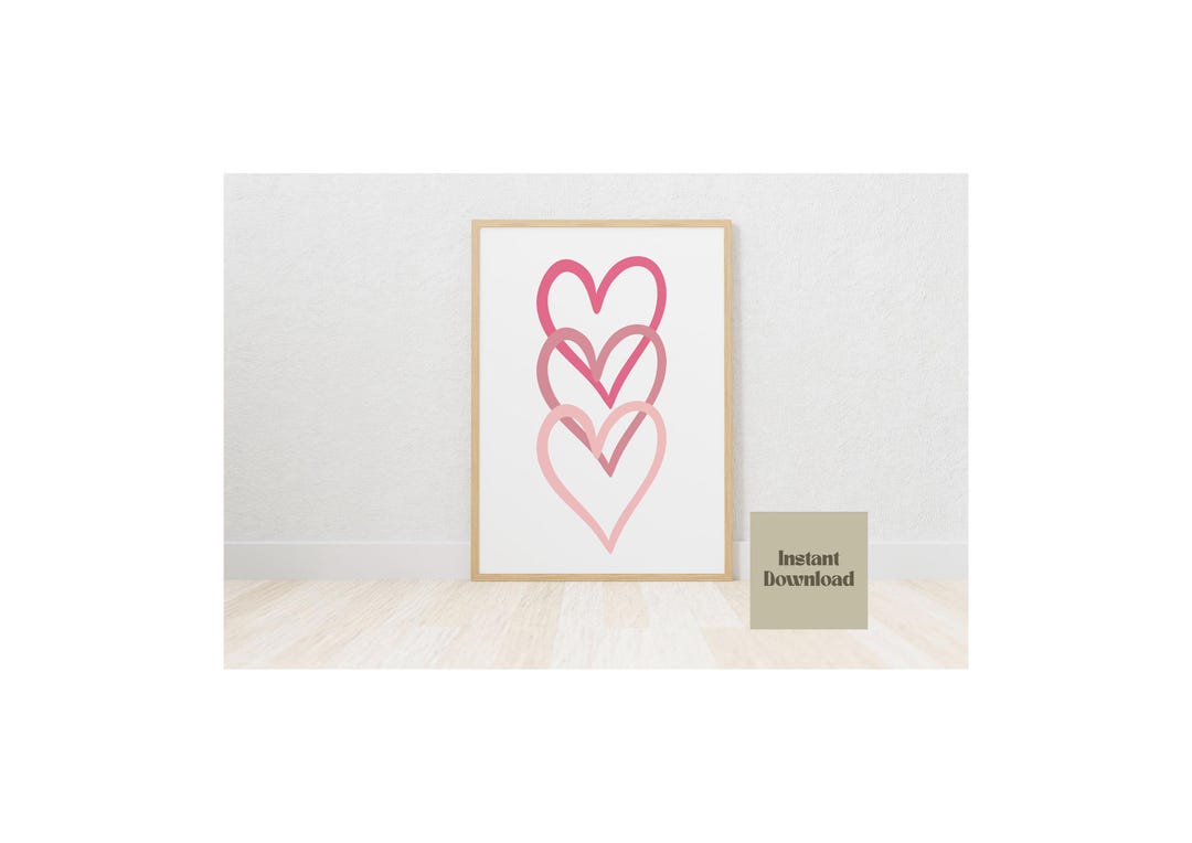 Pink Triple Love Heart Print, Blush Pink Minimal Art Print, Love Heart ...