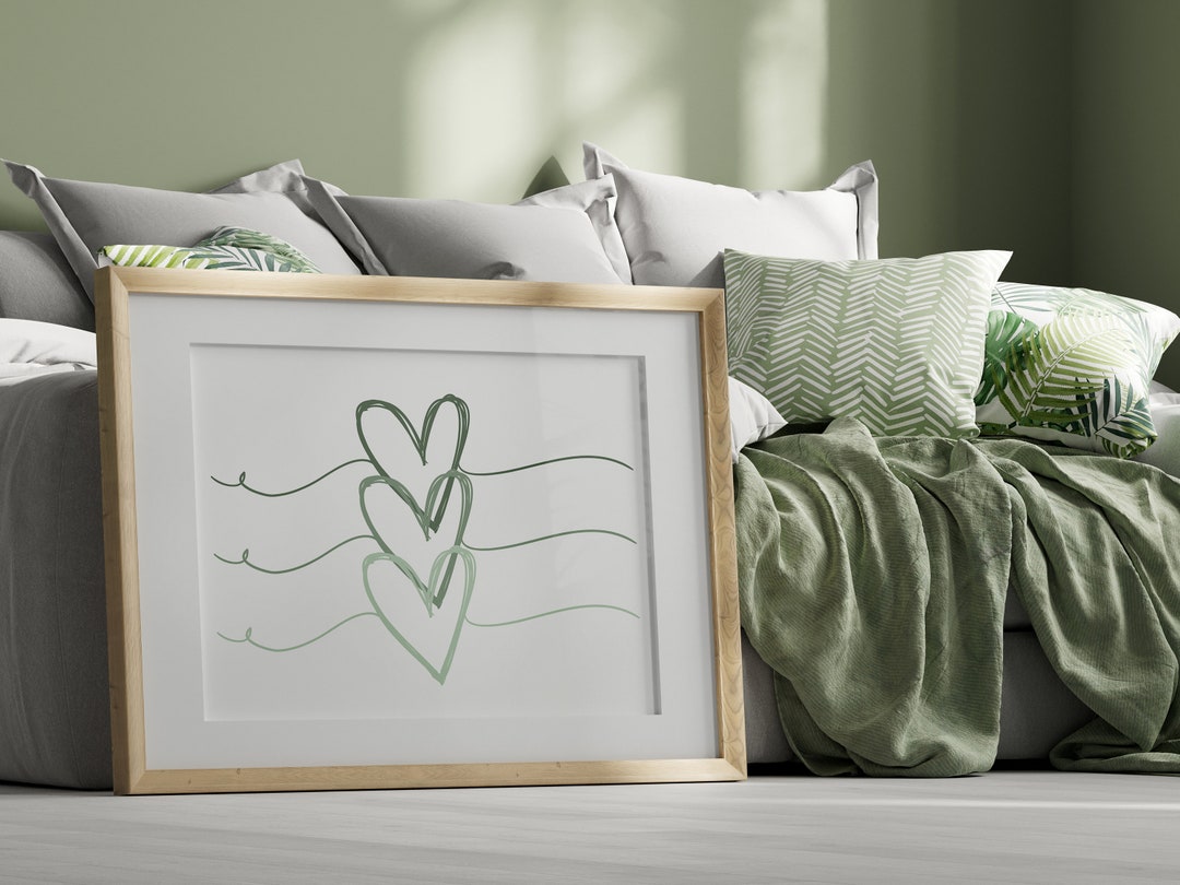 Sage Green Love Heart Print, Green Triple Love Heart Print, Minimal ...
