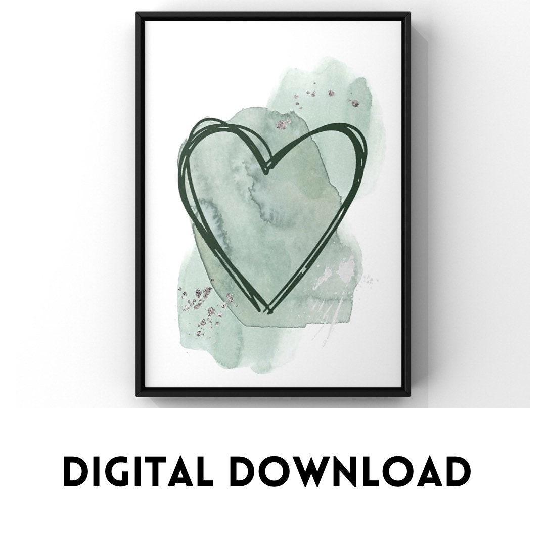 Green Love Heart Print, Heart Wall Decor, DIGITAL DOWNLOAD, Love Print ...