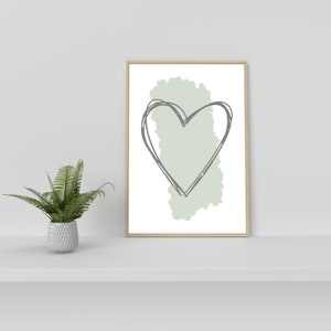 Sage Green and Grey Love Heart Print, Green Minimal Art Print, Love ...
