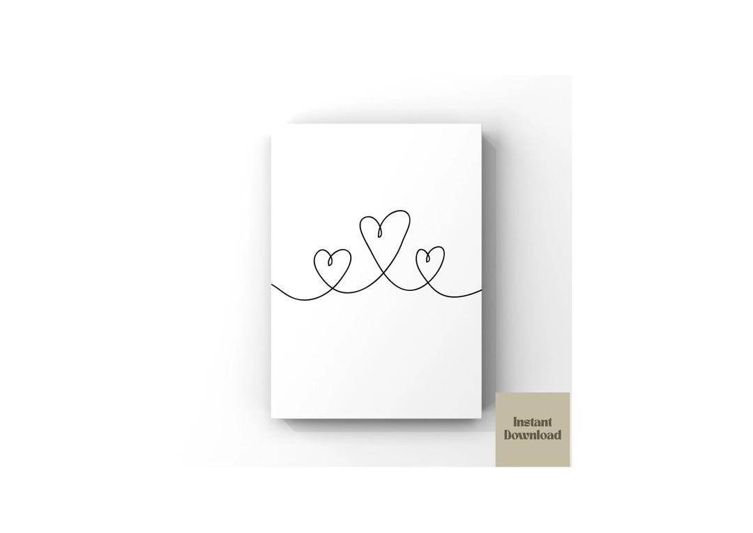 Love Heart Print, Love Wall Art, Triple Heart Black and White Minimal ...