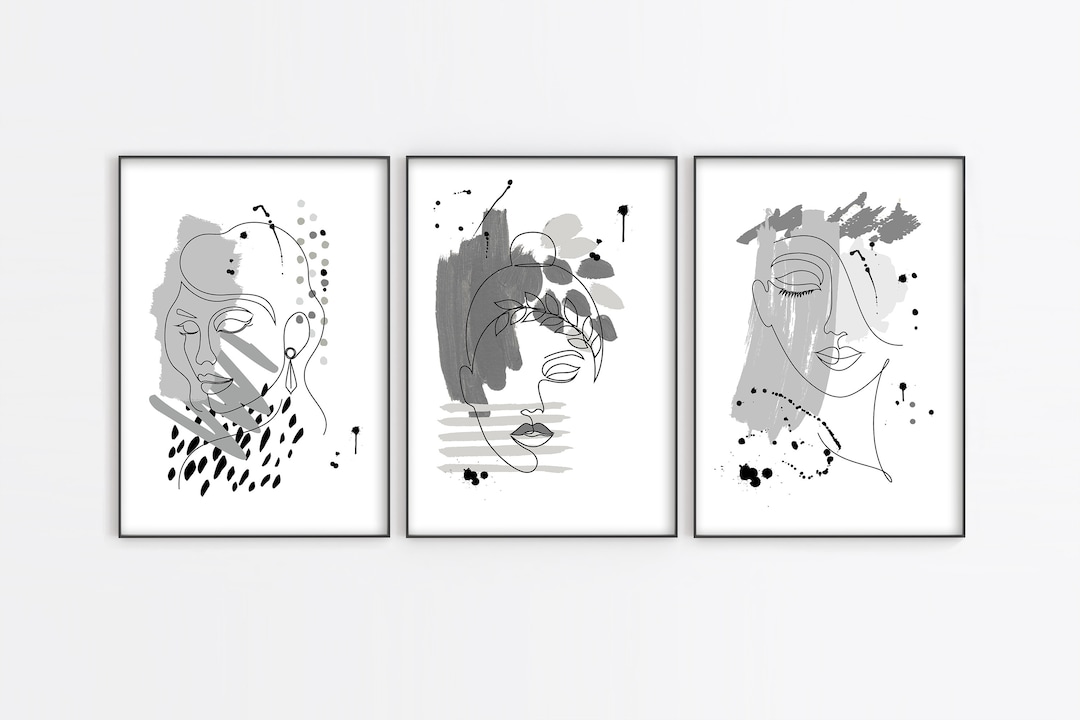 Grey Female Line Art Print Set of 3, Grey Trio Prints, Female Line ...