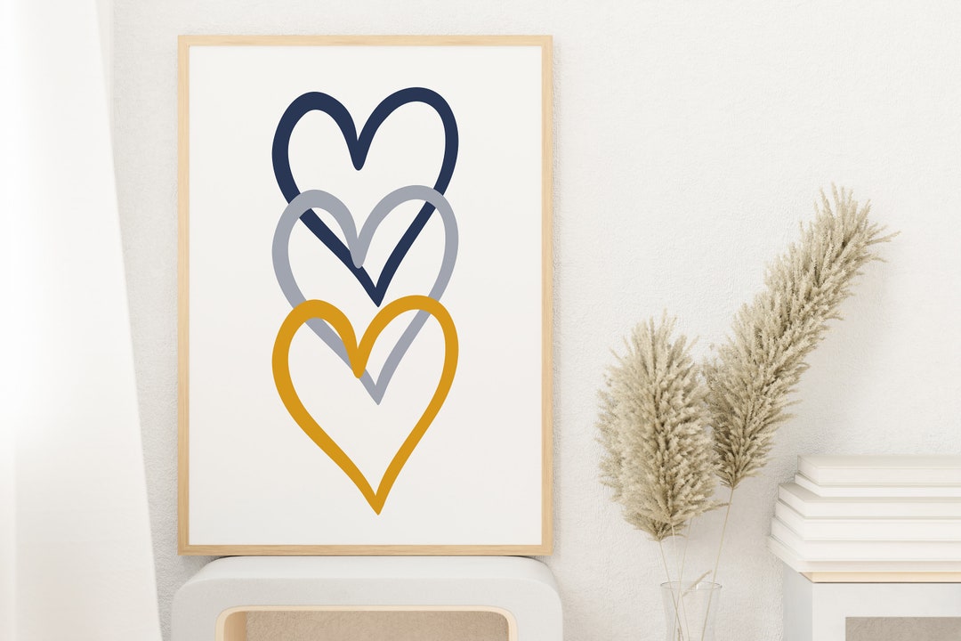 Navy Blue and Mustard Triple Heart Print, Love Heart, Minimal Art Print ...