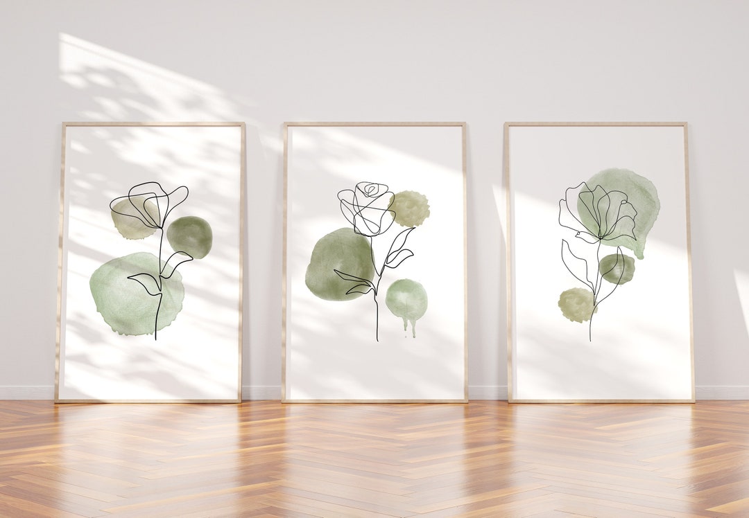 Sage Green Line Art Plant Drawing Set of 3 Prints Sage Green - Etsy