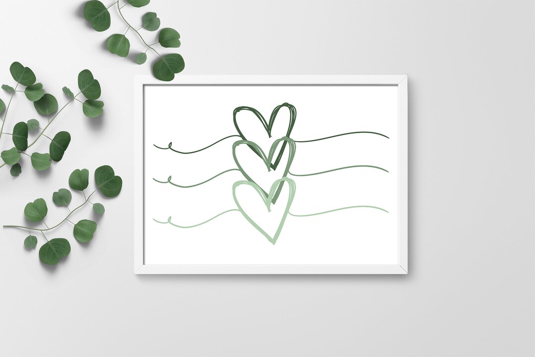 Sage Green Love Heart Print, Green Triple Love Heart Print, Minimal ...