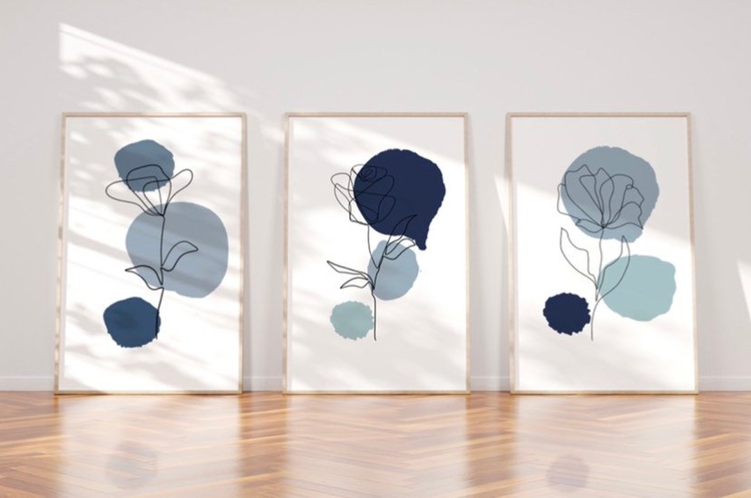 Navy Blue Line Art Plant Drawing Set of 3 Prints, Blue Prints ...