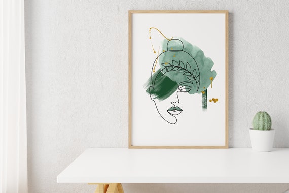 Green and Gold Female Line Art Drawing Wall Art Print Green - Etsy