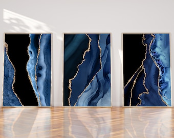 Navy Blue Abstract Wall Art Set of 3 Navy and Gold - Etsy
