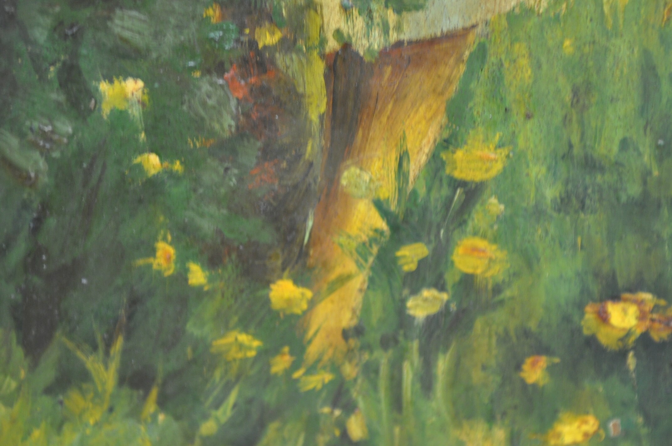 Altes Ölgemälde auf Faserplatte Mädchen in der Nähe eines Baumes. Der ...