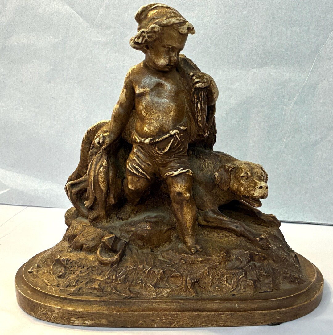 Rare Antique Chalkware Sculpture of a Young Boy and His Guardian Dog ...