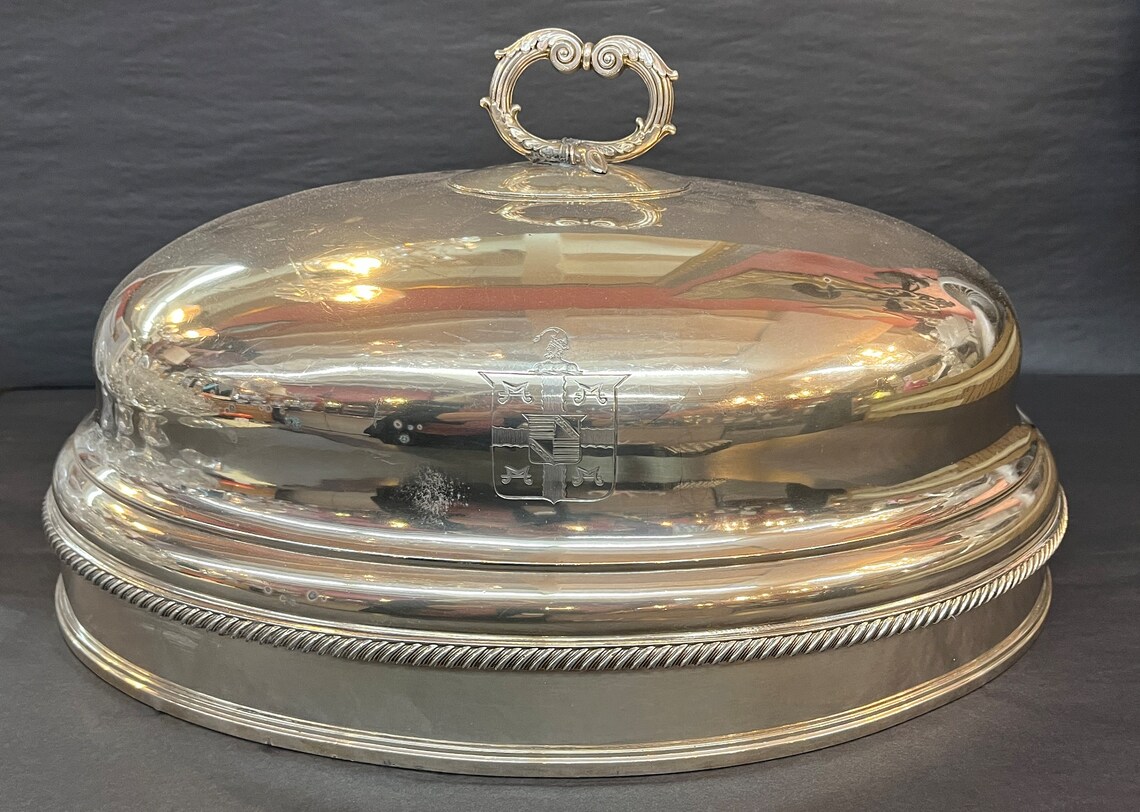 Antique Silver Plated Serving Dome: European Crest, Tree Branch Handle ...