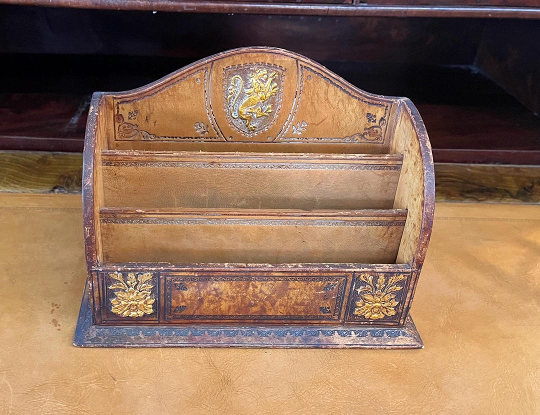 Antique Embossed Italian Leather Desk Letter Holder With Gilded Lion ...