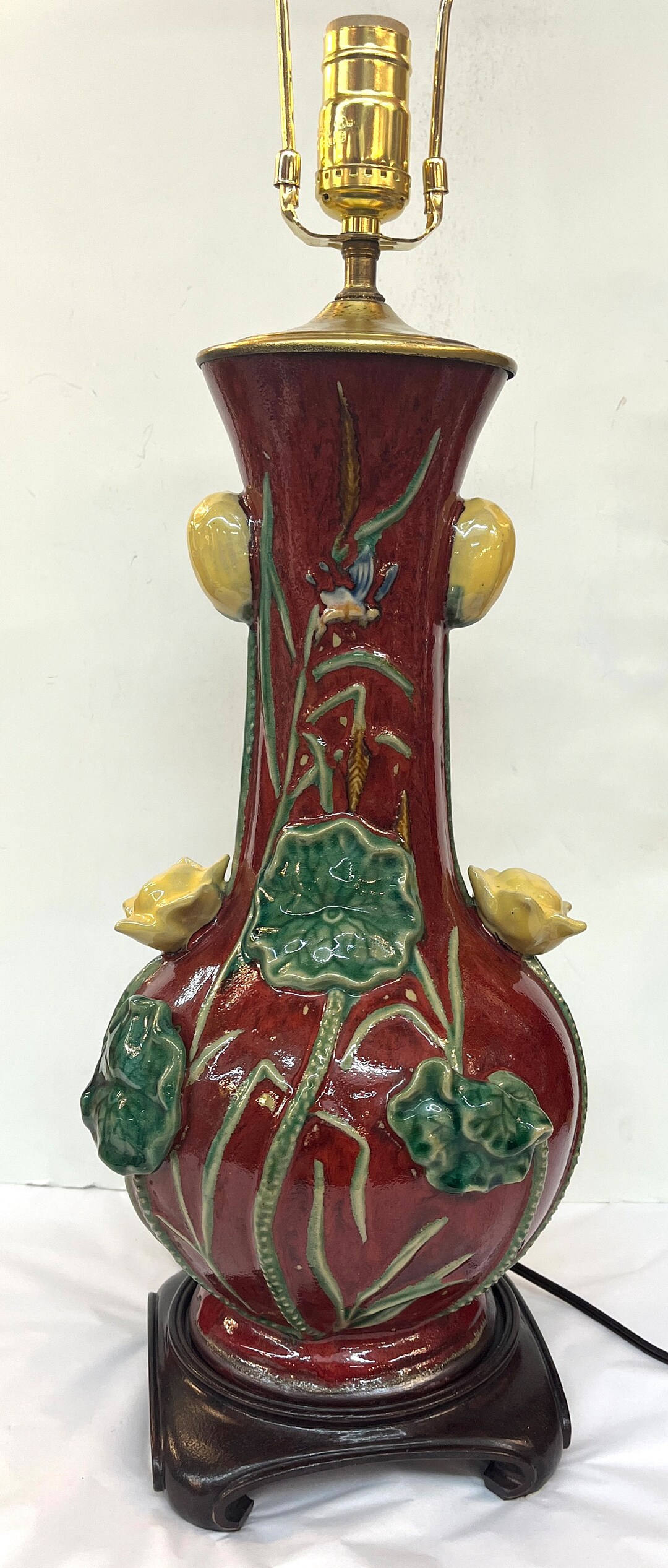 Vintage Asian Style Ceramic Table Lamp With Applied Flowers and Vines ...