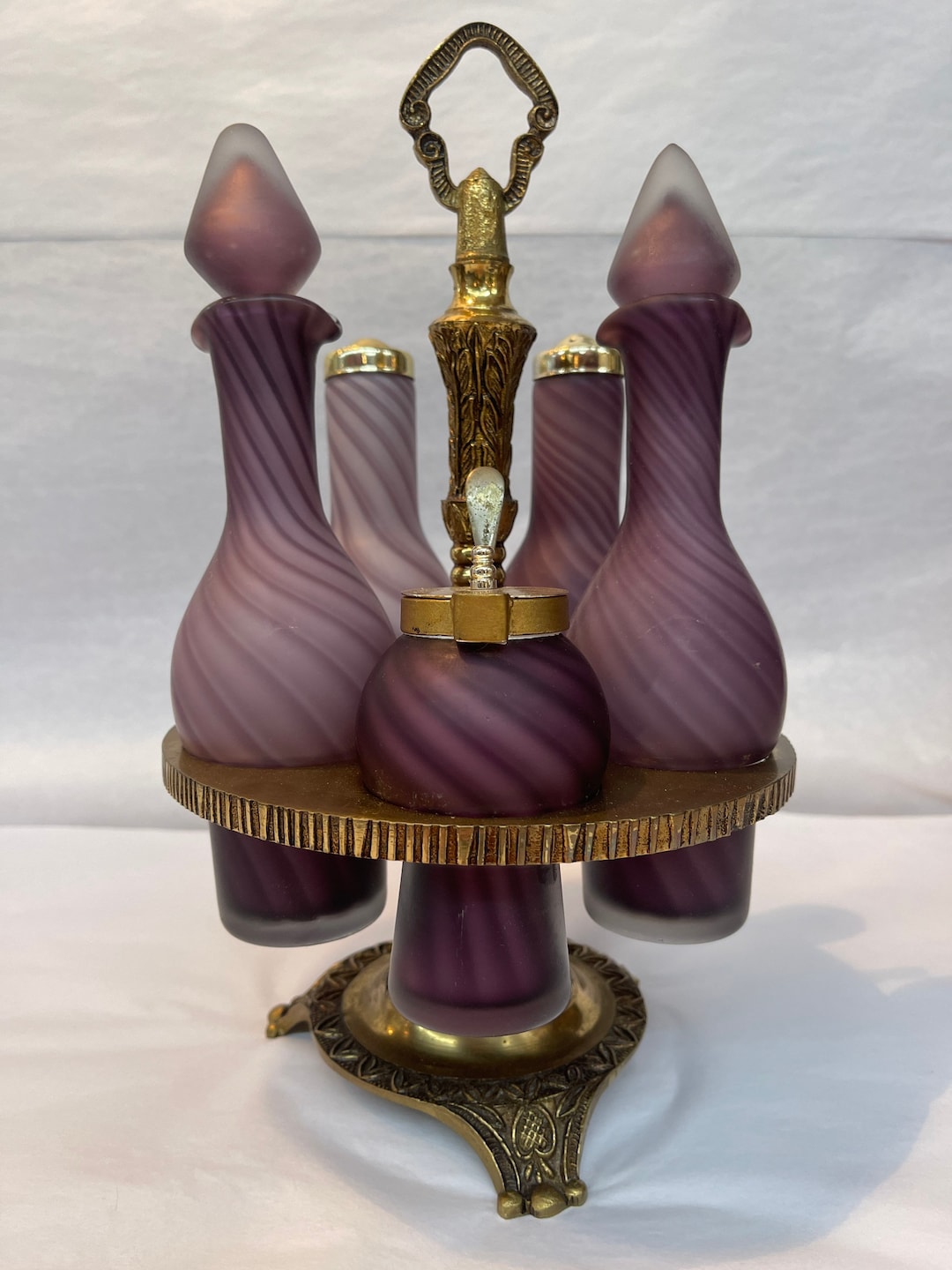 Vintage Purple Satin Glass Condiment Set With Embossed Brass Holder ...