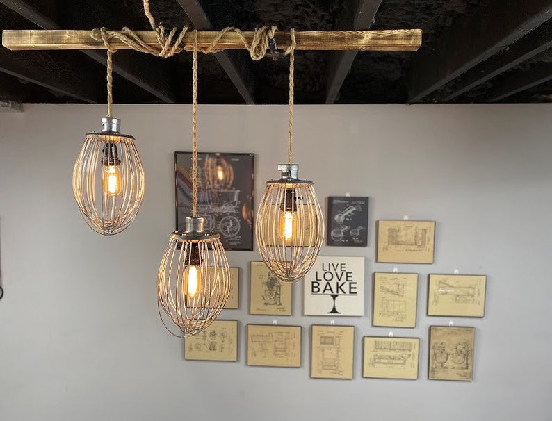 Industrial Triple Bakery Whisk Hemp Rope Chandelier With Vintage Edison ...