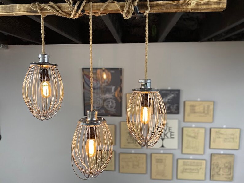 Industrial Triple Bakery Whisk Hemp Rope Chandelier With Vintage Edison ...