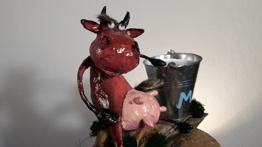 Paper Mache Figure Cow With Milk, Paper Mache Cow, Funny Cow Figure ...