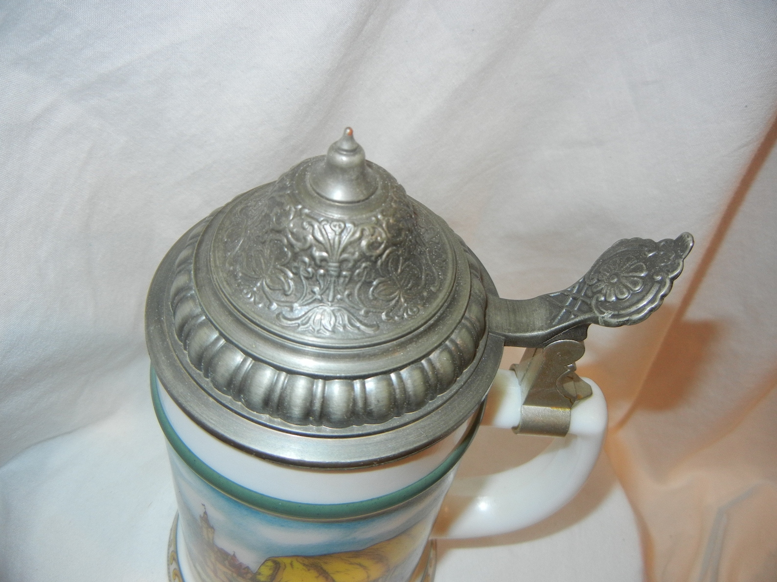 Milk Glass Pewter Lid Beer Stein BMF Bierseidel Colorful German Mug ...