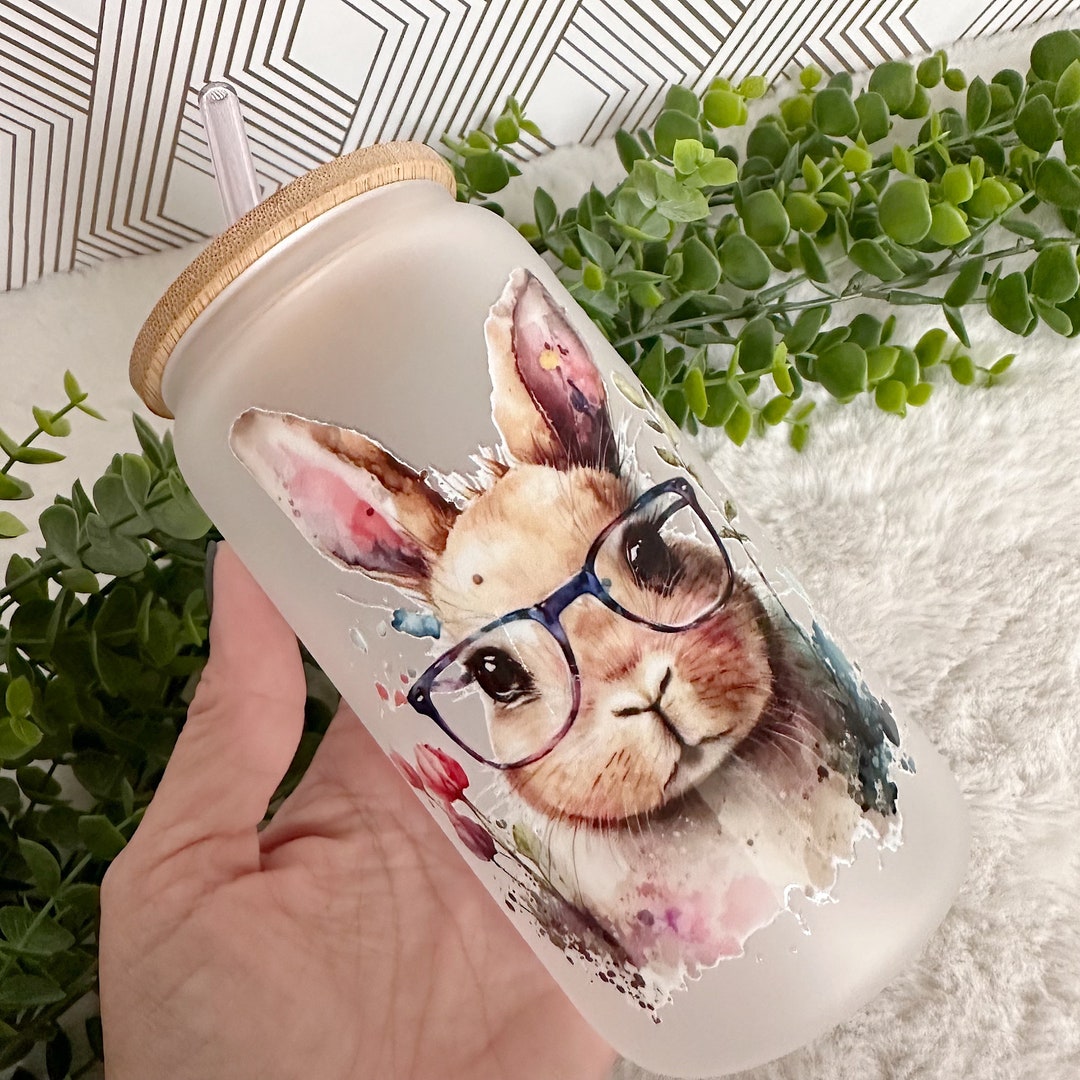 Cute Rabbit Glass Coffee Cup, Rabbit Glass Iced Coffee Cup With Bamboo ...