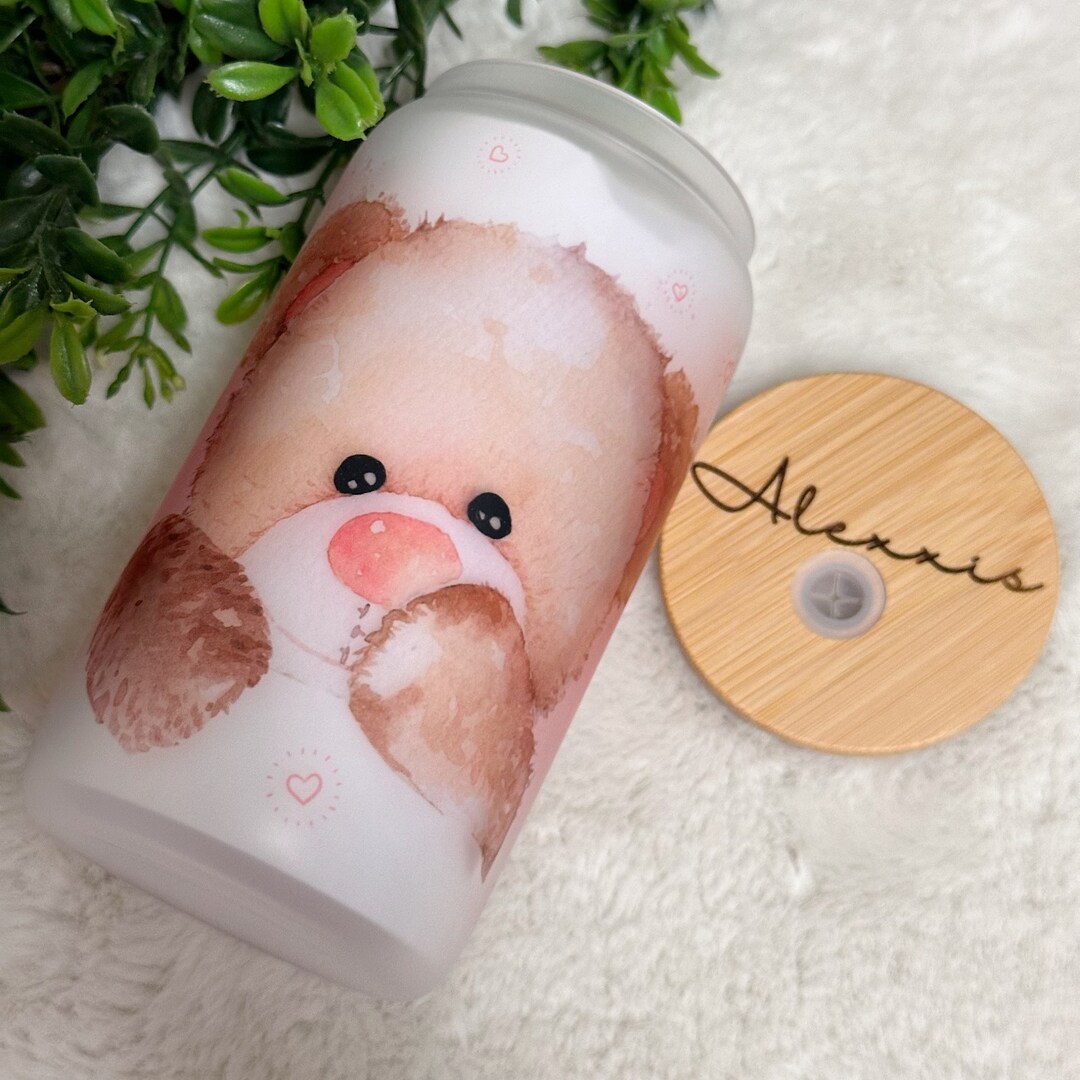 Bear Glass Coffee Cup, Cute Bear Glass Iced Coffee Cup With Bamboo Lid ...