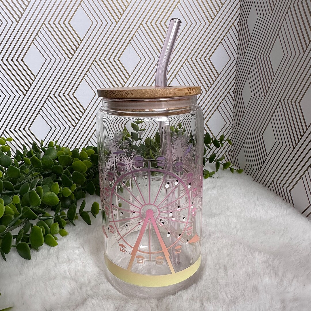 The Ferris Wheel Glass Coffee Cup, Glass Iced Coffee Cup With Bamboo ...