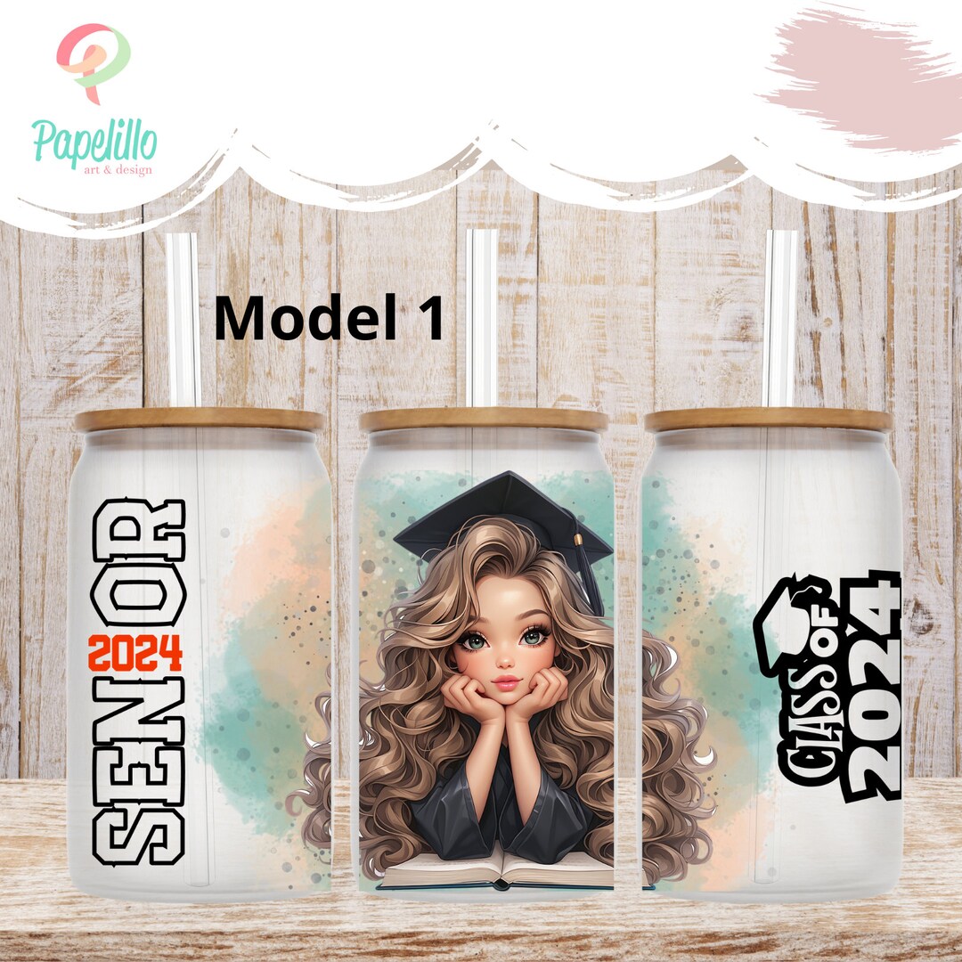 Graduation Coffee Cup, Watercolor Graduate Glass Iced Coffee Cup With ...