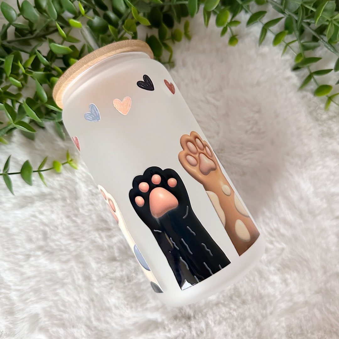 Cute Paws Glass Coffee Cup, Paws Dog Cat Glass Iced Coffee Cup With ...