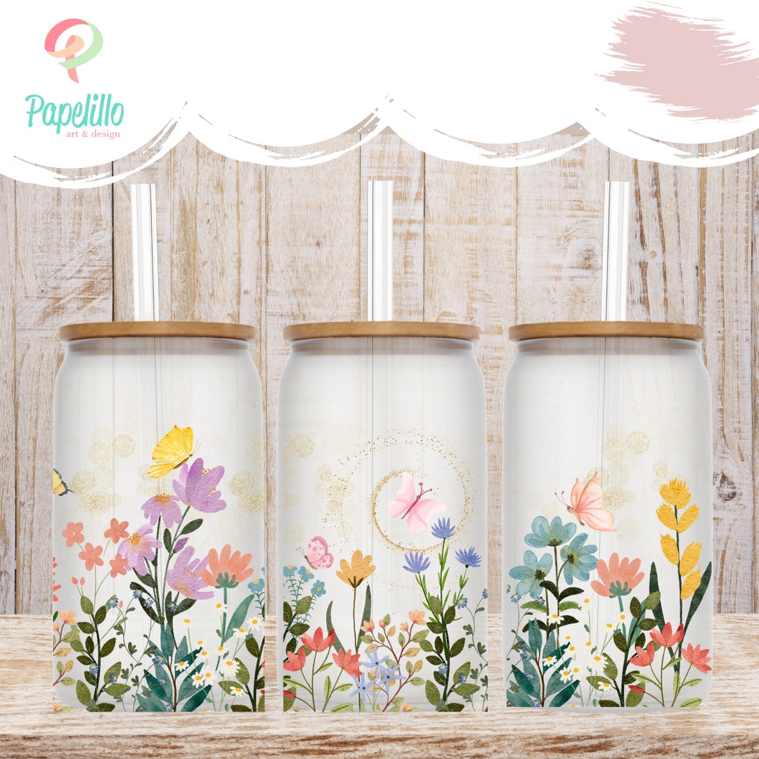 Spring Floral Glass Coffee Cup, Blush Wildflower Glass Iced Coffee Cup ...