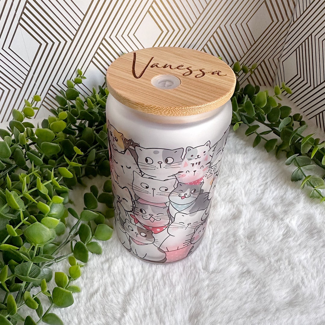 Cute Cats Coffee Cup, Cats Glass Iced Coffee Cup With Bamboo Lid and ...