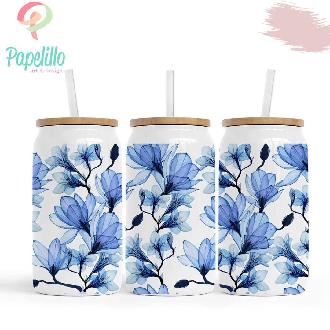 Blue Flower White Glass Iced Coffee Cup With Bamboo Lid & Straw - Etsy