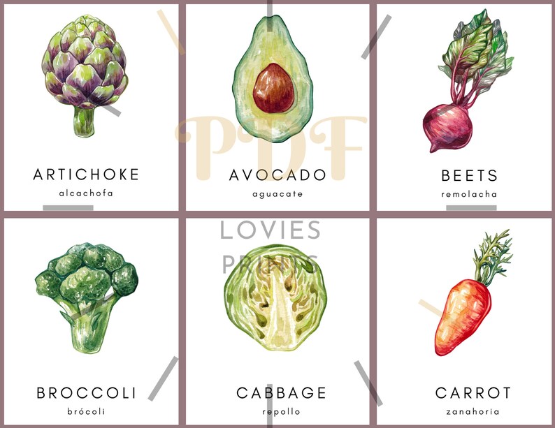 VEGETABLES FLASHCARDS PRINTABLE, English and Spanish, Vegetables ...