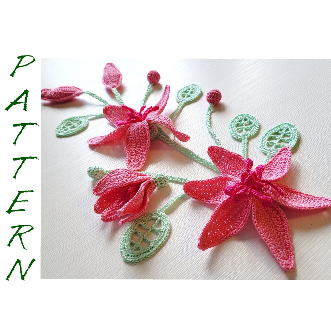 Lily Flower, Lily Buds, and Openwork Leaves Crochet Pattern. Irish ...