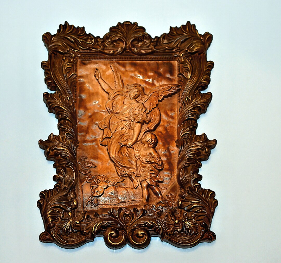Hand Carved Beech Wood Plaque of the Guardian Angel, Wood Carvings ...