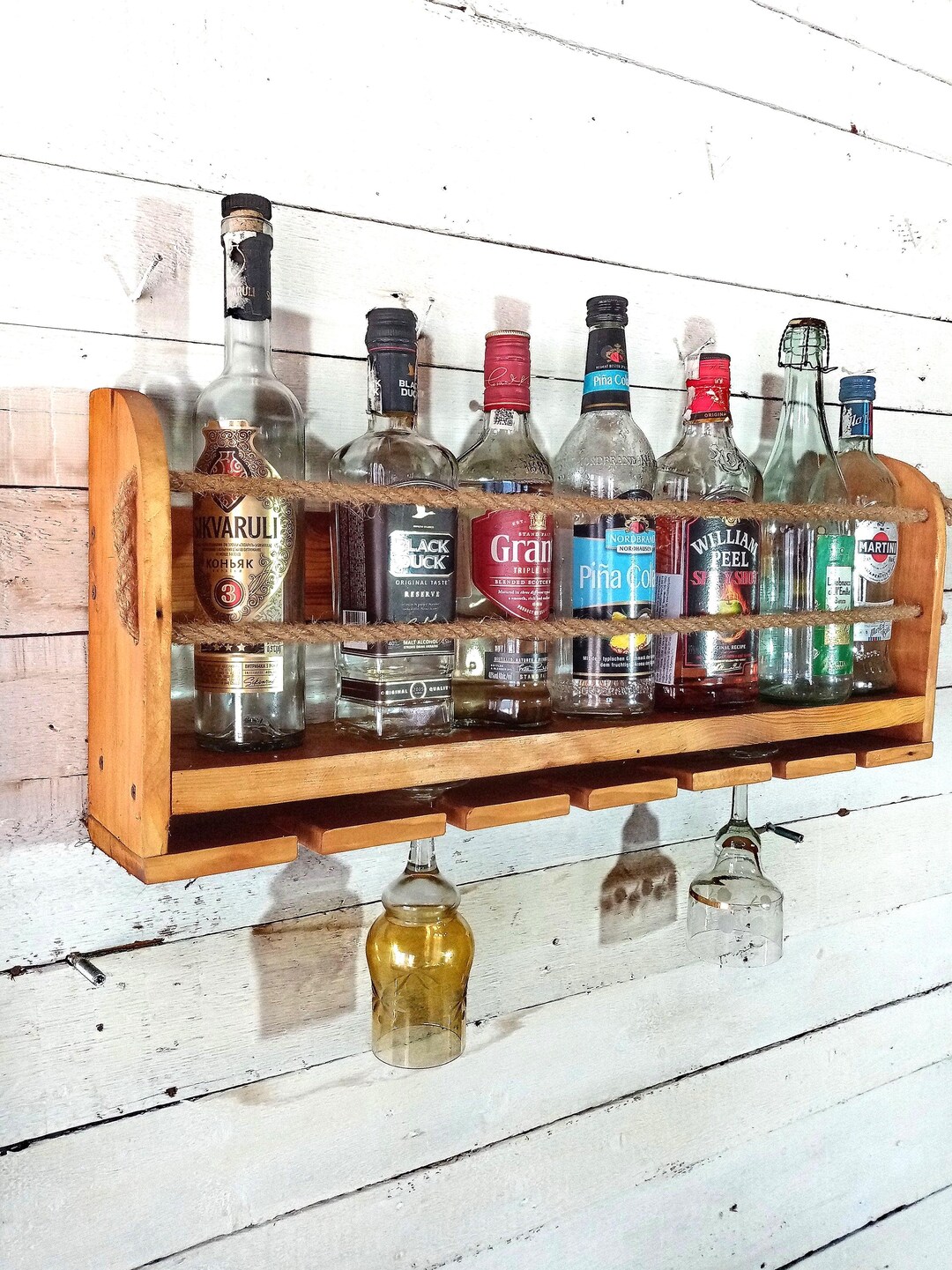 Wooden Drinks Rack, Gin Bar for Wall, Holds Bottles, Tequila Glasses ...