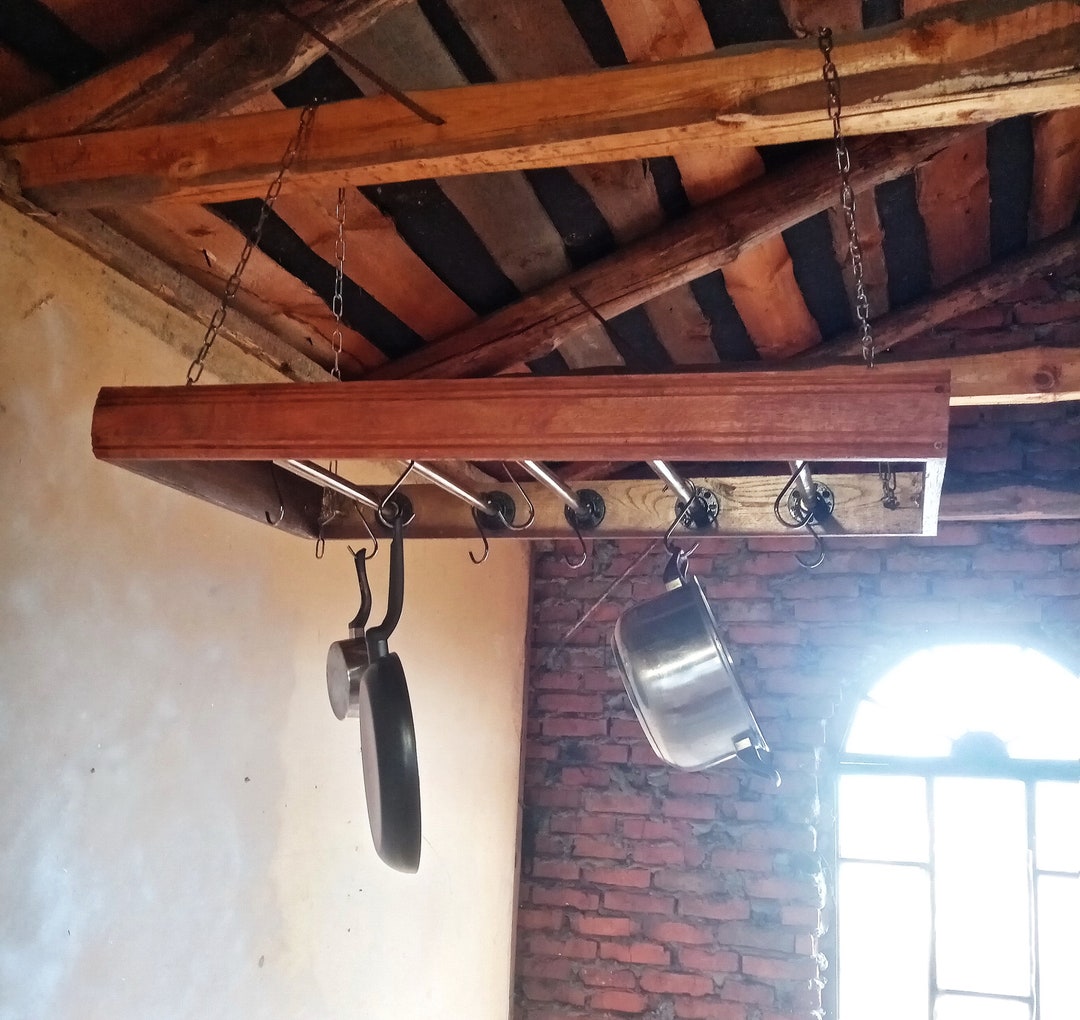 Rustic Wooden Hanging Pot Rack: Industrial Ceiling Dish Holder ...