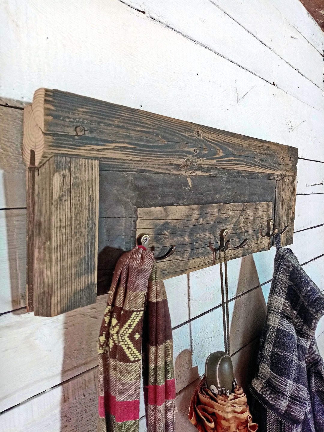 Rustic Reclaimed Wooden Coat Rack, Wall Mounted Solid Wood Cast Iron ...