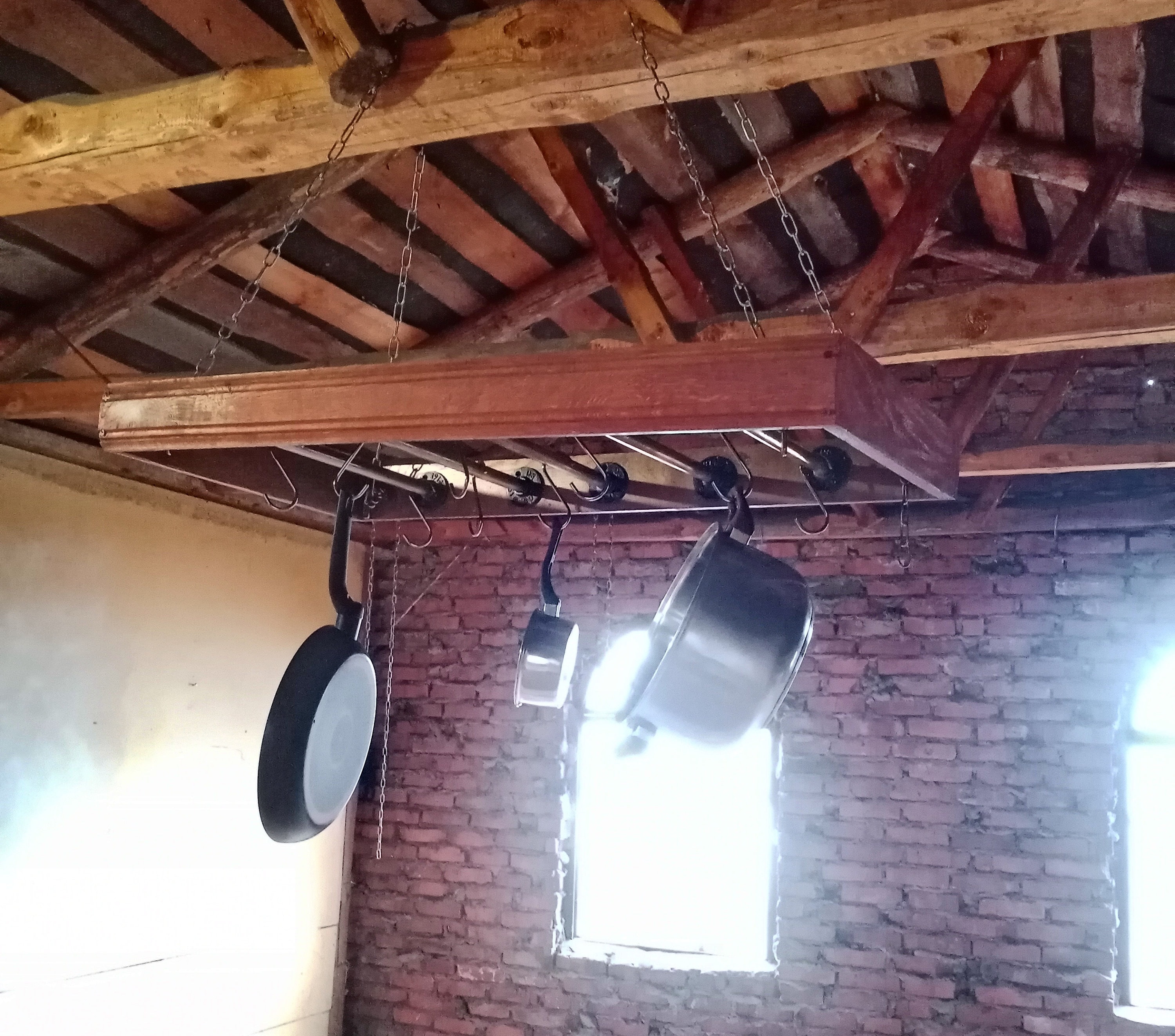 Rustic Wooden Hanging Pot Rack: Industrial Ceiling Dish Holder ...