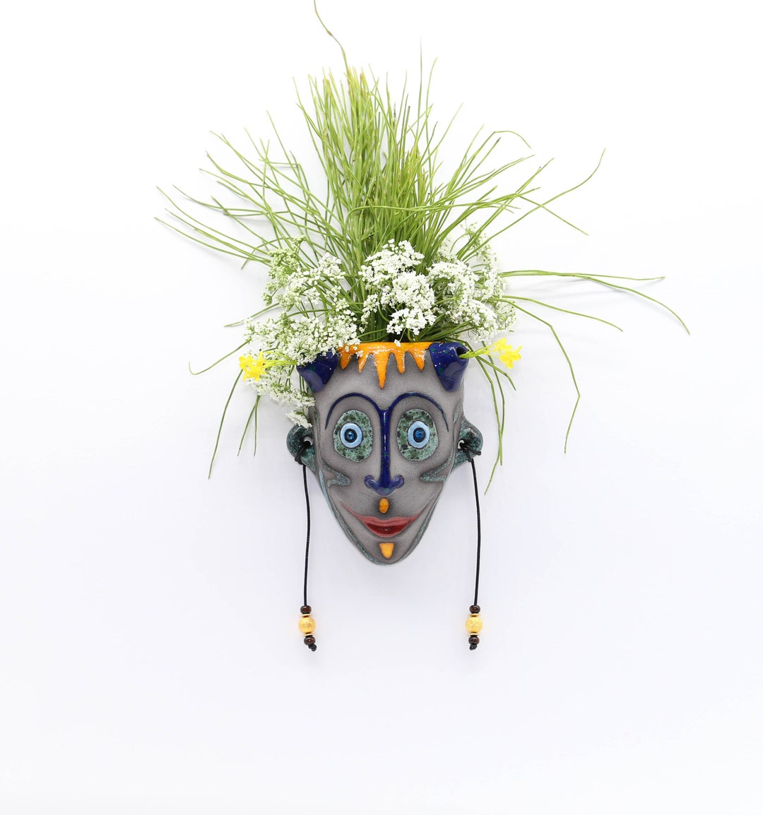 Ceramic Wall Flower Face Vase, Small Face Planter, Head Hanging Wall ...
