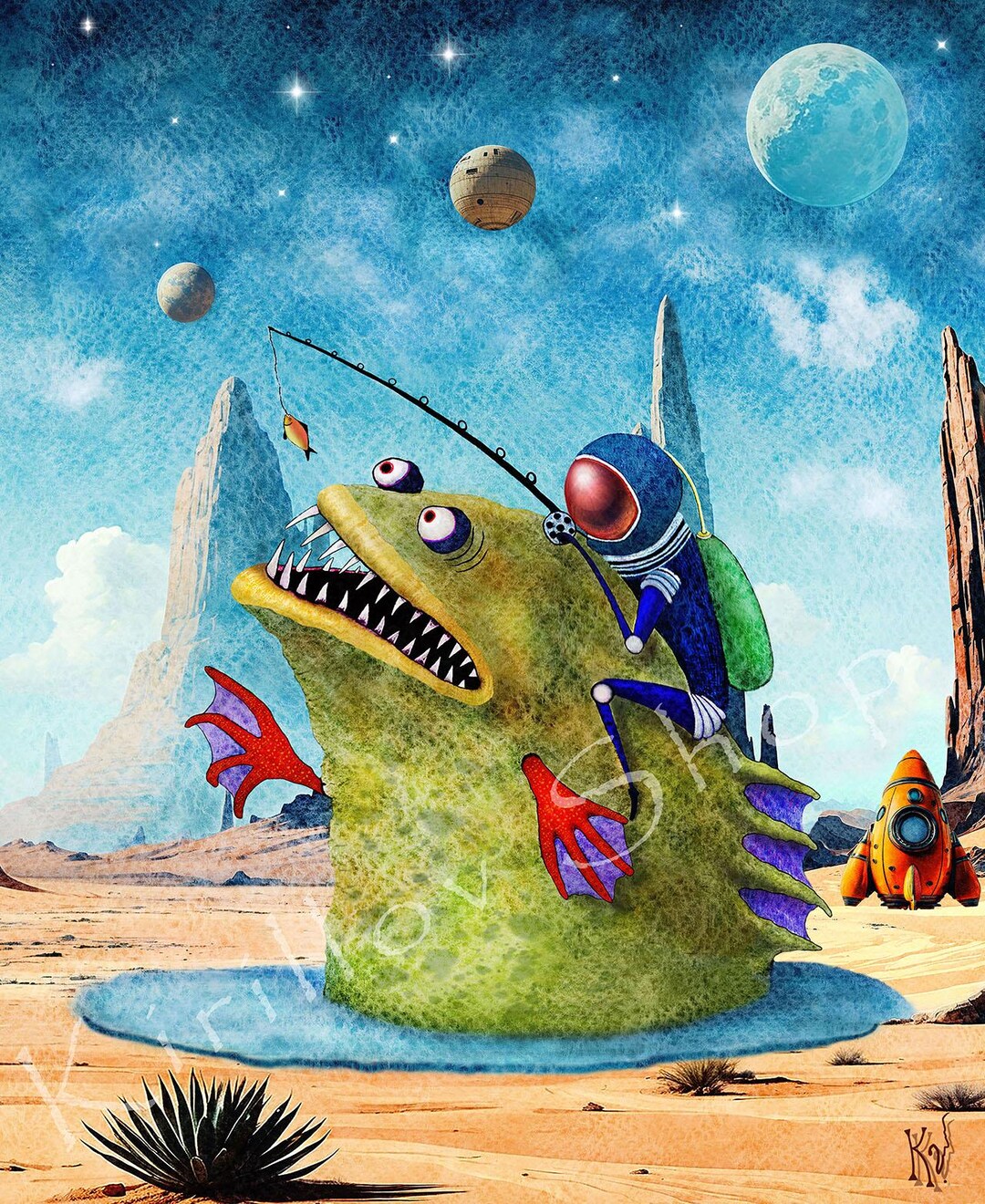 Alien Fishing Art Print: Surreal Sci-fi Illustration (digital Download ...