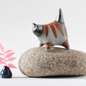 Handmade Ceramic Striped Cat Figurine: Collectible Kitten Sculpture ...