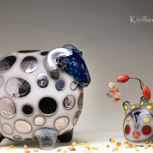 Sheep Sculpture Handmade Art Ceramic Blue Ram Modern Figurine - Etsy