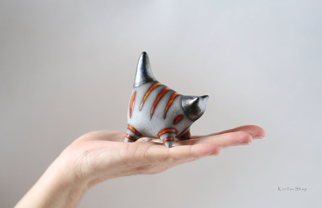 Miniature Cat Figurine, Ceramic Cat Sculpture, Small Black Kitten ...