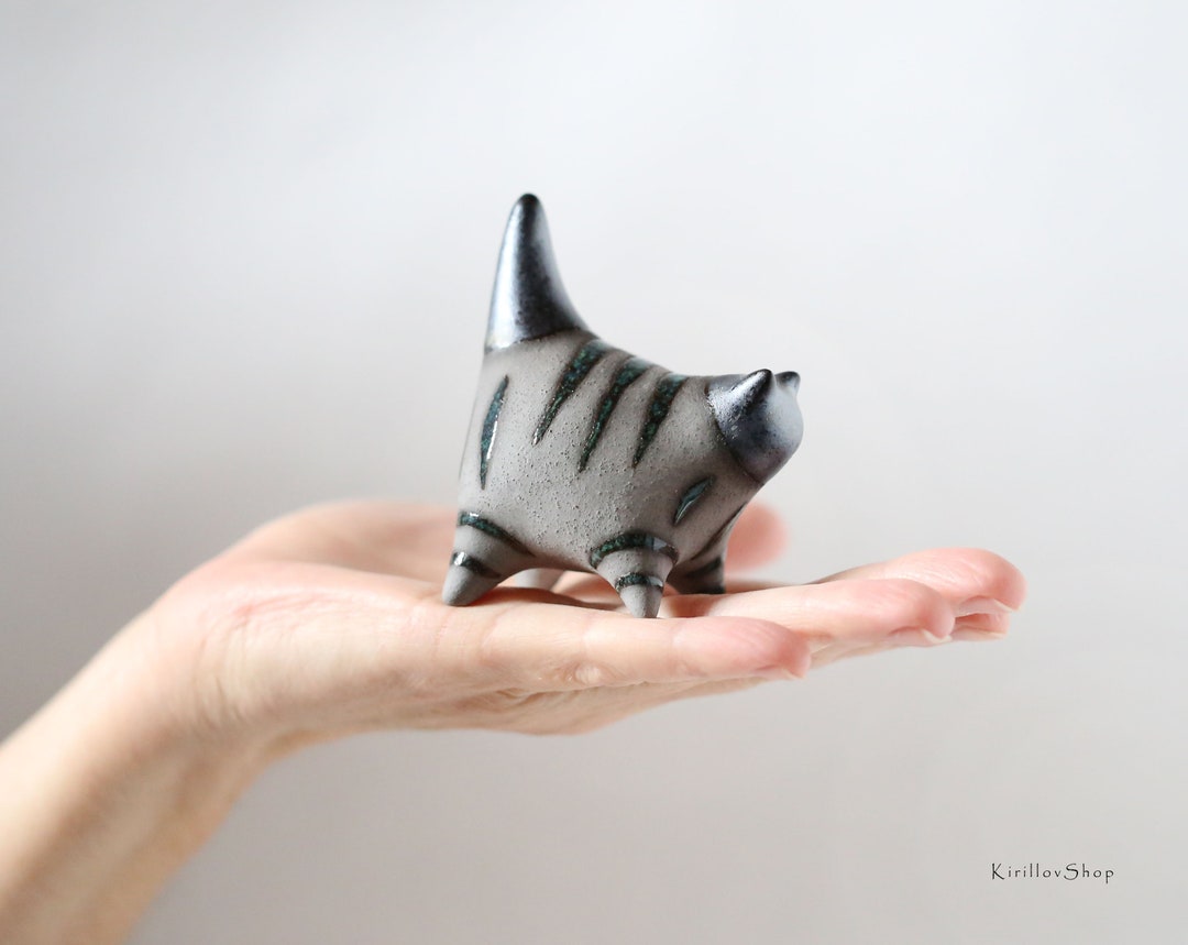 Miniature Cat Figurine, Ceramic Cat Sculpture, Small Black Kitten ...