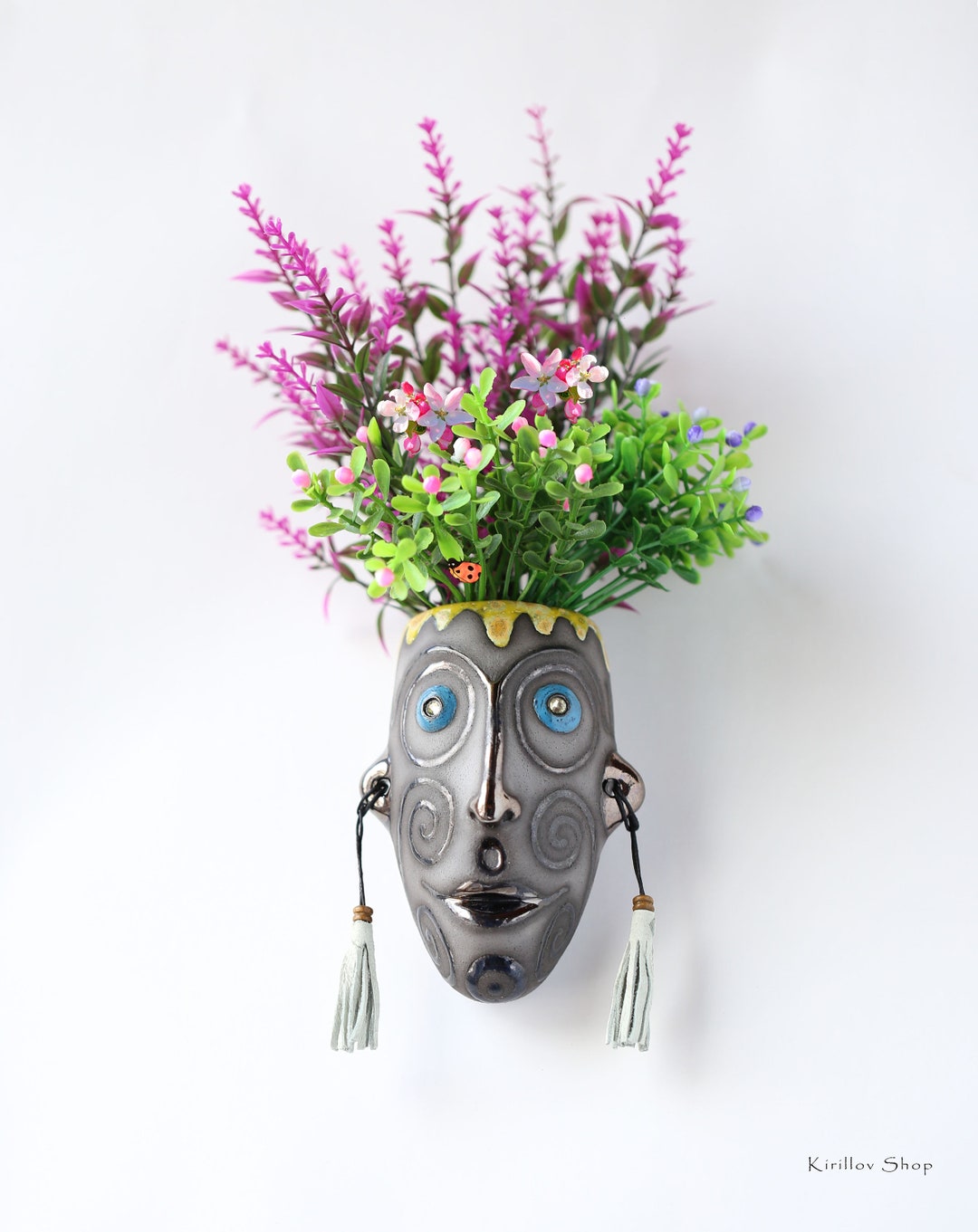 Ceramic Wall Flower Face Vase, Small Face Planter, Head Hanging Wall ...