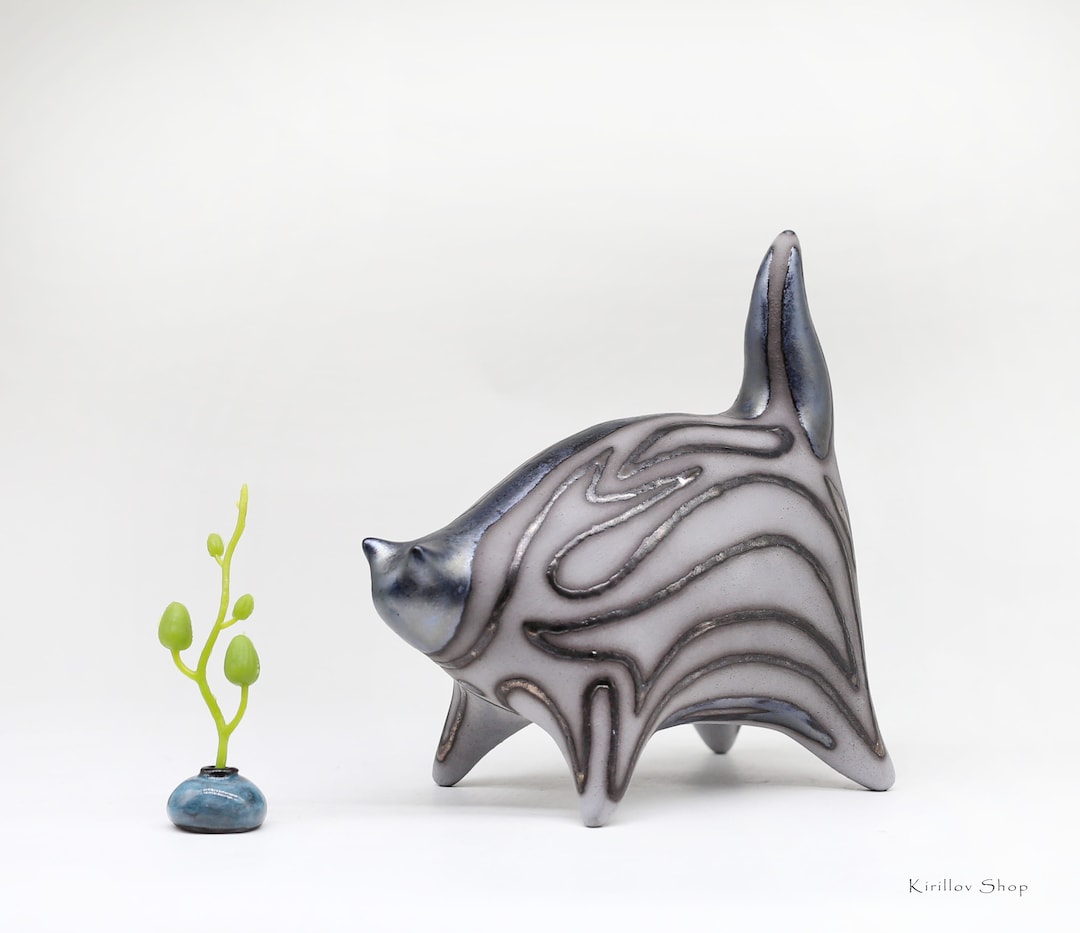 Cat Sculpture, Black Cat Figurine, Art Striped Cat, Table Decoration ...