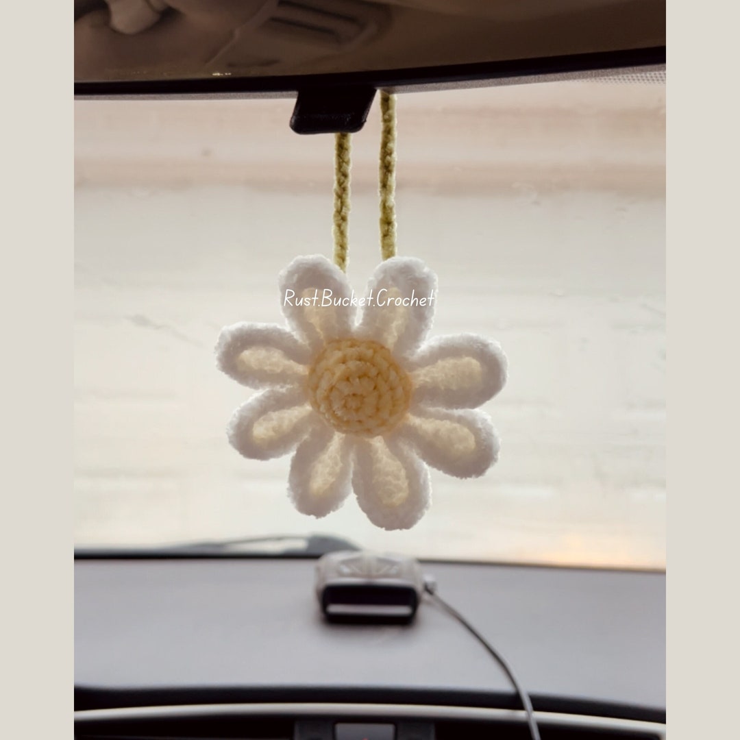 Crochet Daisy Flower Car Charm: Handmade Plush Gift - Etsy