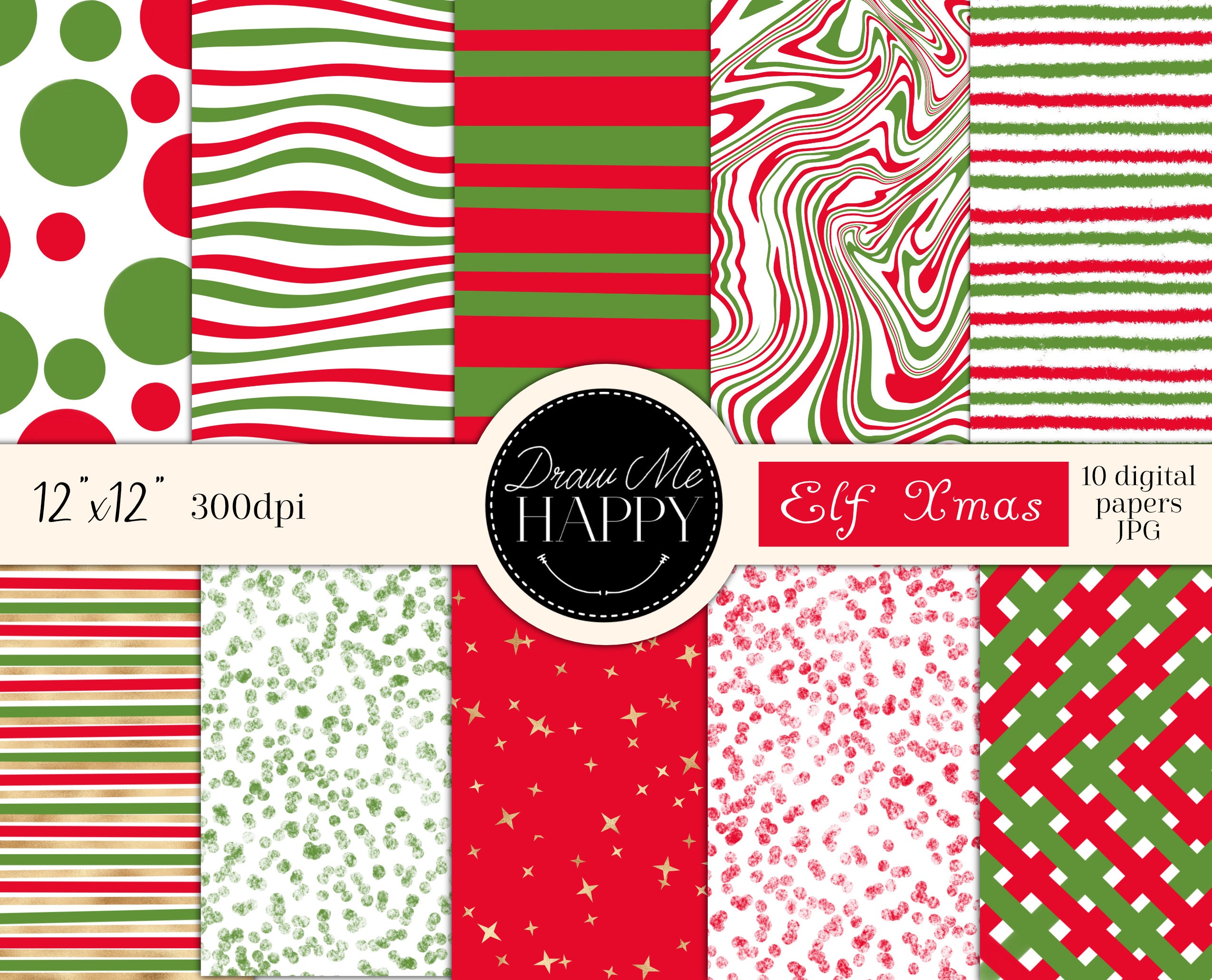 Christmas Digital Paper Elf Paper Red and Green Digital - Etsy